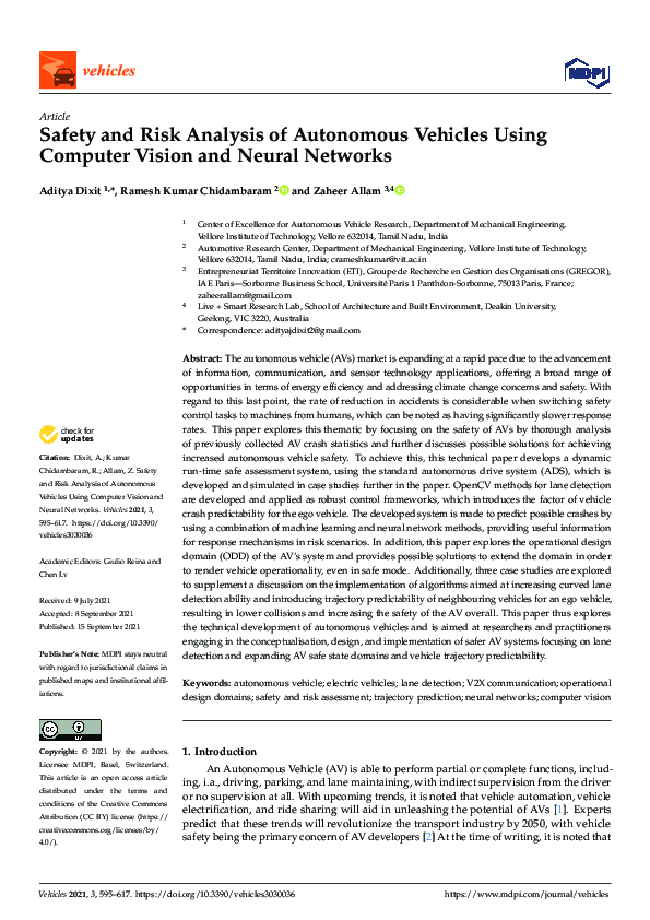 (PDF) Safety and Risk Analysis of Autonomous Vehicles Using Computer ...