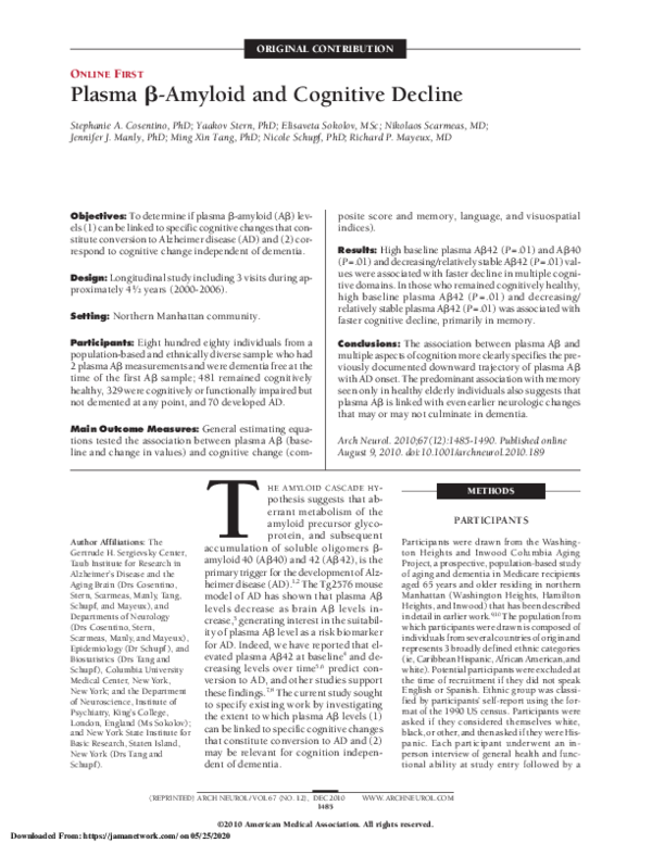 (PDF) Plasma β-Amyloid and Cognitive Decline