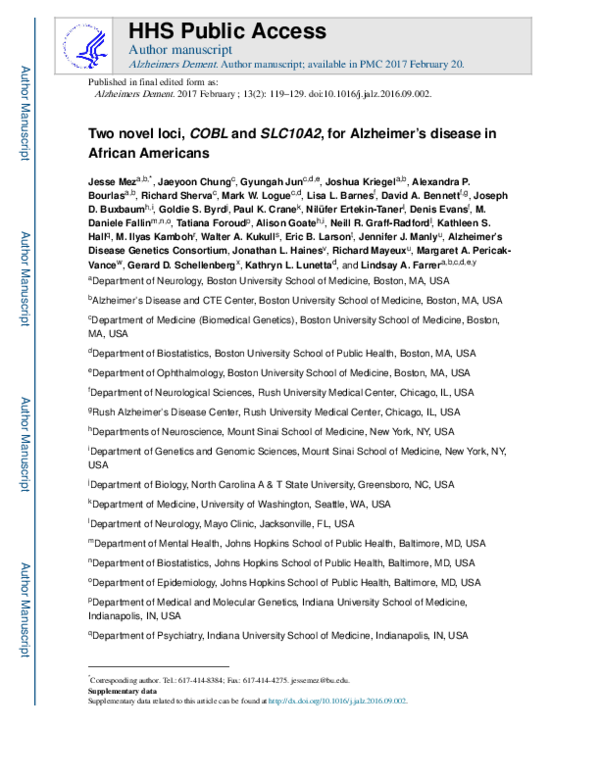 (PDF) Two novel loci, COBL and SLC10A2, for Alzheimer's disease in ...