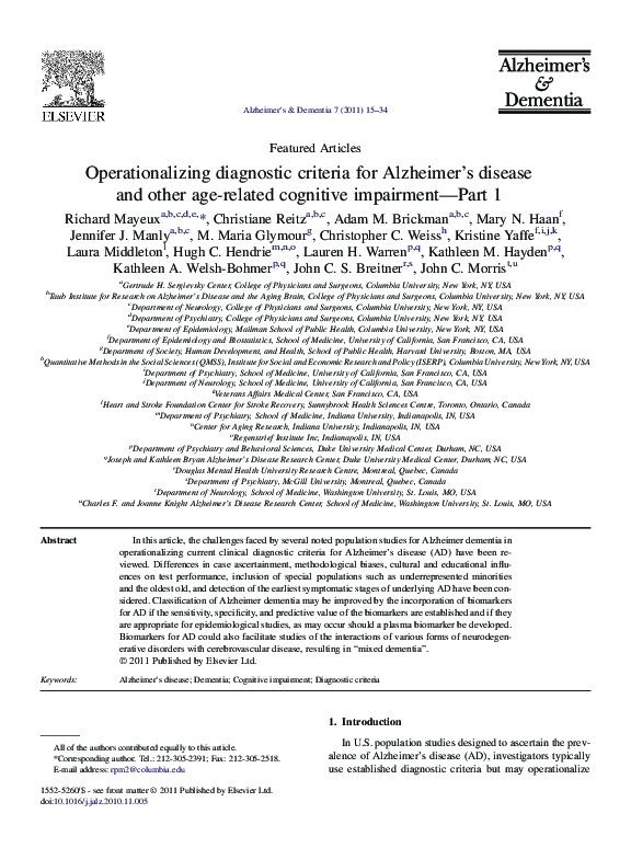 (PDF) Operationalizing diagnostic criteria for Alzheimer’s disease and other age-related ...