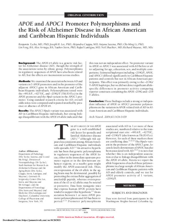 (PDF) APOE and APOC1 Promoter Polymorphisms and the Risk of Alzheimer ...