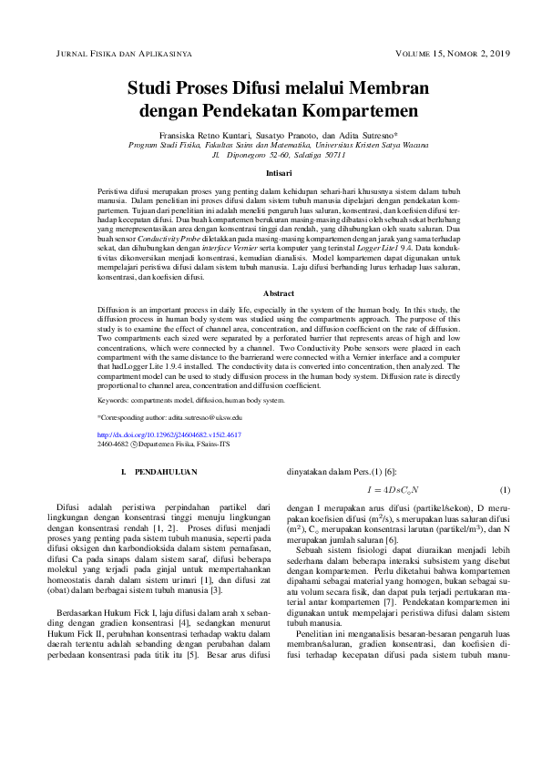 (PDF) Studi Proses Difusi melalui Membran dengan Pendekatan Kompartemen