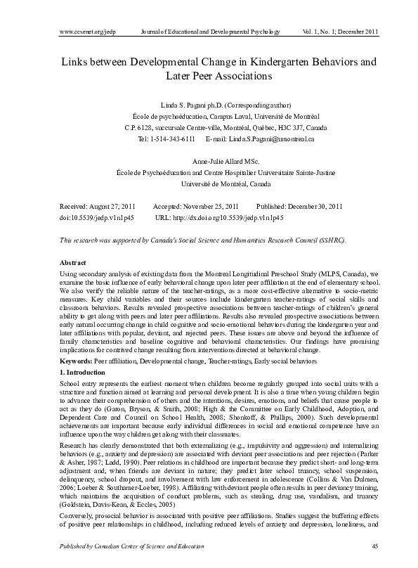 (PDF) Links between Developmental Change in Kindergarten Behaviors and Later Peer Associations ...