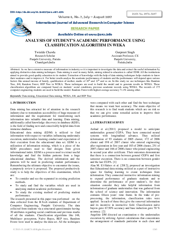 (PDF) Analysis of Student’s Academic Performance Using Classification Algorithm in Weka