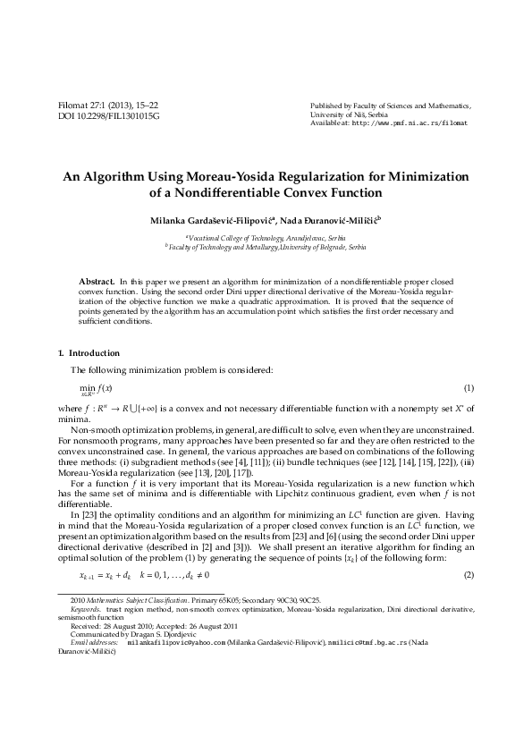 (PDF) An algorithm using Moreau-Yosida regularization for minimization of a nondifferentiable ...