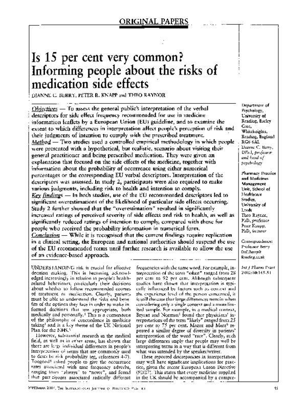 (PDF) Is 15 per cent very common? Informing people about the risks of ...