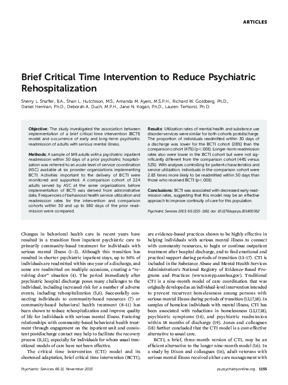 (PDF) Brief Critical Time Intervention to Reduce Psychiatric ...