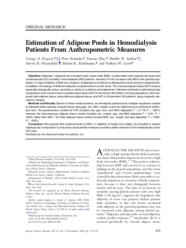 (PDF) Estimation of Adipose Pools in Hemodialysis Patients From ...