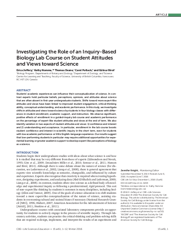 (PDF) Investigating the Role of an Inquiry-Based Biology Lab Course on ...