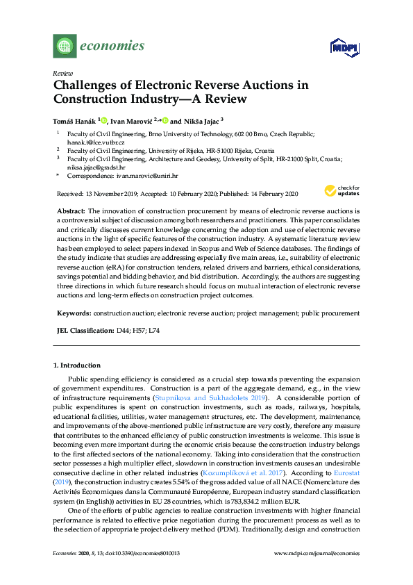 (PDF) Challenges of Electronic Reverse Auctions in Construction Industry—A Review