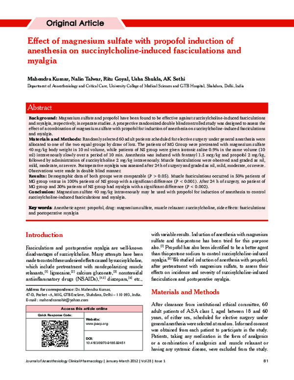(PDF) Effect of magnesium sulfate with propofol induction of anesthesia ...