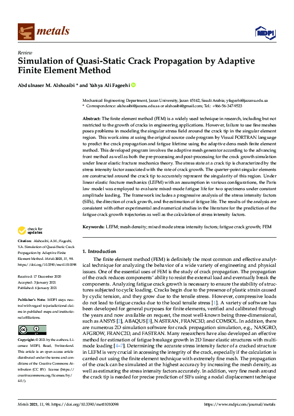 Pdf Simulation Of Quasi Static Crack Propagation By Adaptive Finite