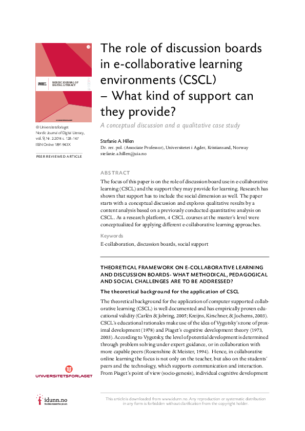 (PDF) The role of discussion boards in e-collaborative learning environments (CSCL) – What kind ...