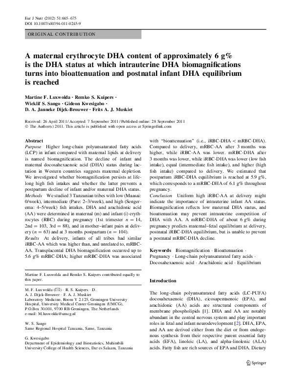 (PDF) A maternal erythrocyte DHA content of approximately 6 g% is the ...