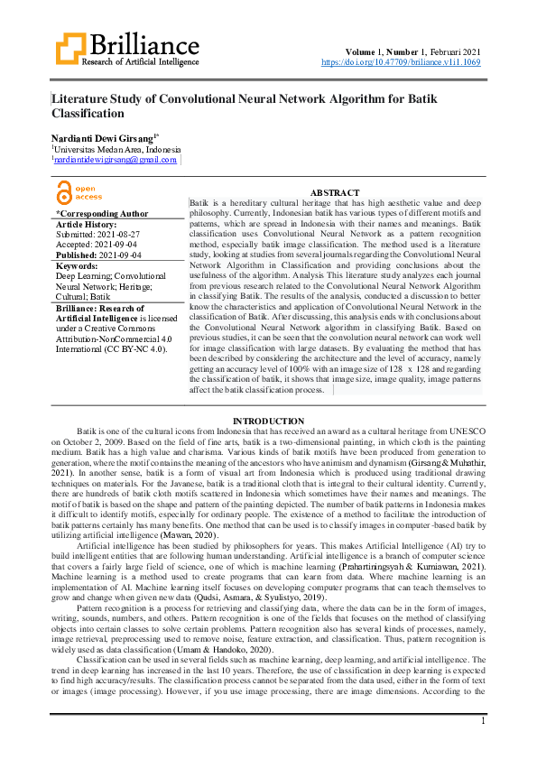 (PDF) Literature Study of Convolutional Neural Network Algorithm for Batik Classification