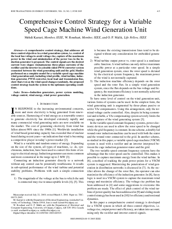 (PDF) Comprehensive Control Strategy for a Variable Speed Cage Machine Wind Generation Unit