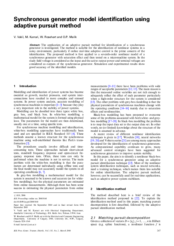 Pdf Synchronous Generator Model Identification Using Adaptive Pursuit Method