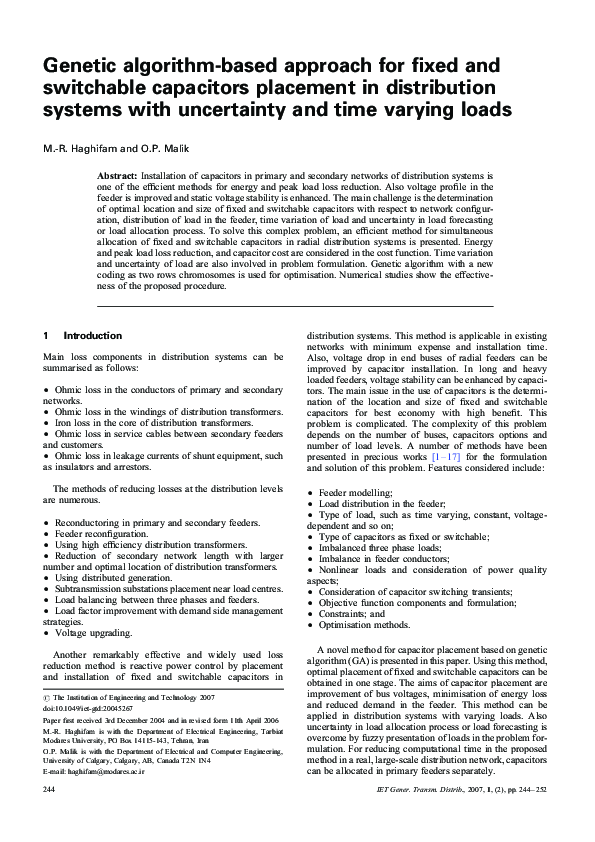 Pdf Genetic Algorithm Based Approach For Fixed And Switchable Capacitors Placement In