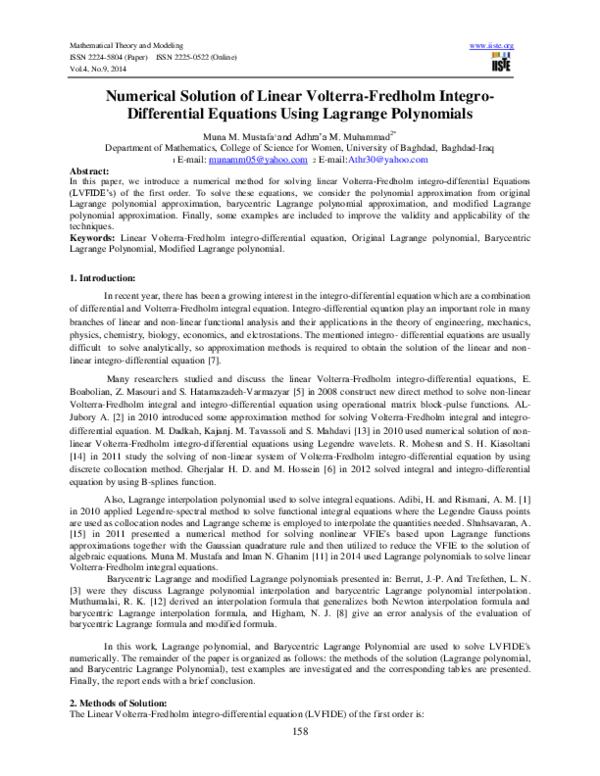 (PDF) Numerical Solution of Linear Volterra-Fredholm Integro-Differential Equations Using ...