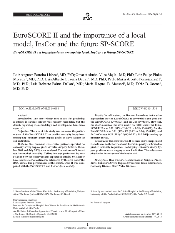 (PDF) EuroSCORE II and the importance of a local model, InsCor and the ...