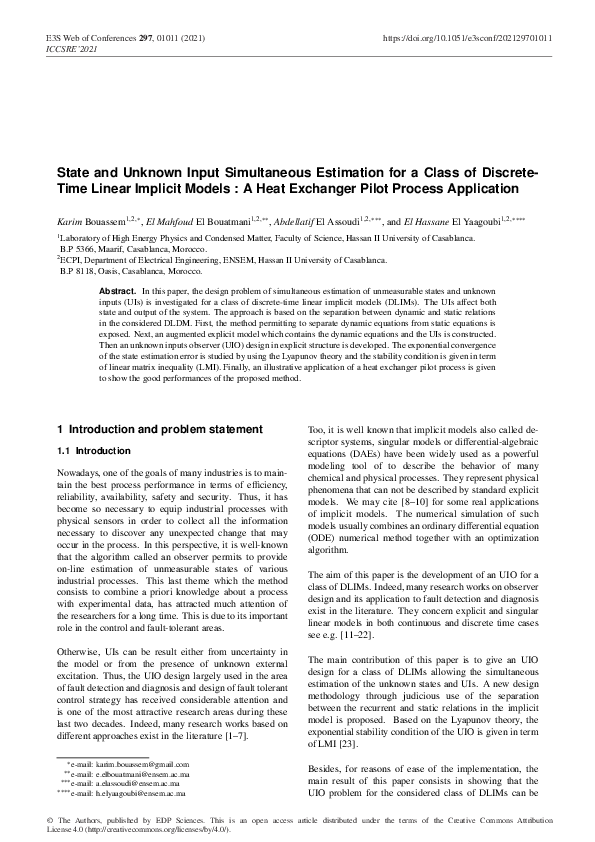 Pdf State And Unknown Input Simultaneous Estimation For A Class Of Discrete Time Linear