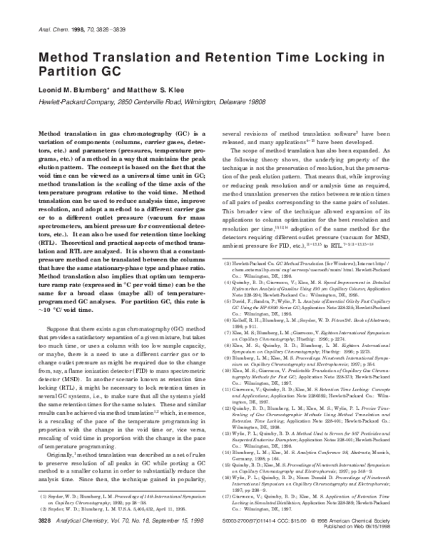 (PDF) Method Translation and Retention Time Locking in Partition GC