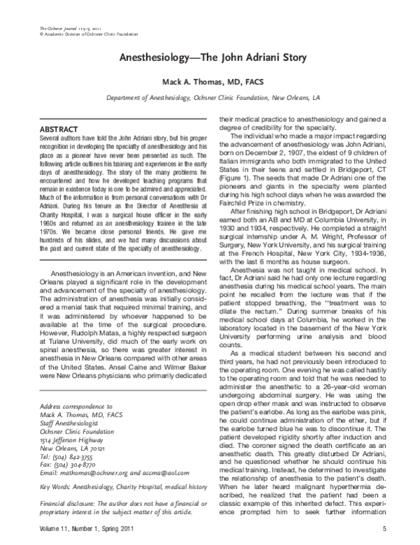 (PDF) Anesthesiology-the john adriani story