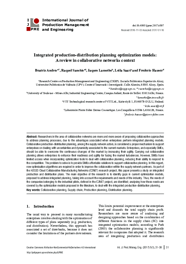 Pdf Integrated Production Distribution Planning Optimization Models A Review In Collaborative