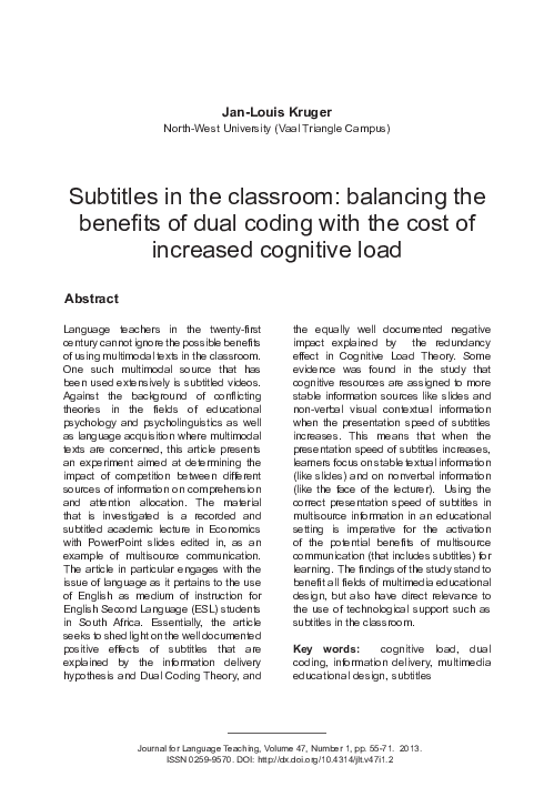 (PDF) Subtitles in the classroom: balancing the benefits of dual coding with the cost of ...