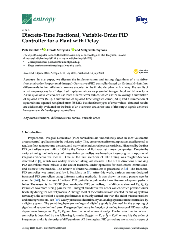 Pdf Discrete Time Fractional Variable Order Pid Controller For A