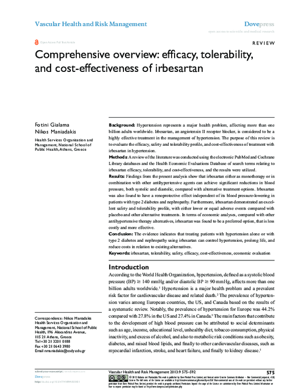 (PDF) Comprehensive Overview: Efficacy, Tolerability and Cost- Effectiveness of Irbesartan