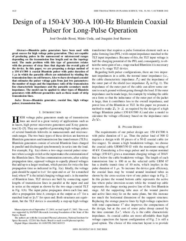 (PDF) Design of a 150 kV 300 A 100 Hz Blumlein coaxial pulser for long ...