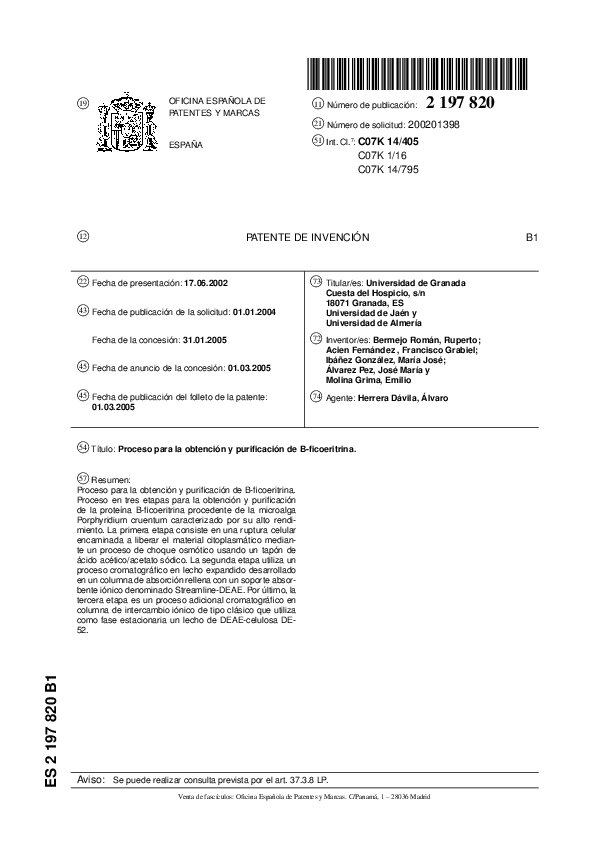 (PDF) Proceso para la obtención y purificación de B-ficoeritrina