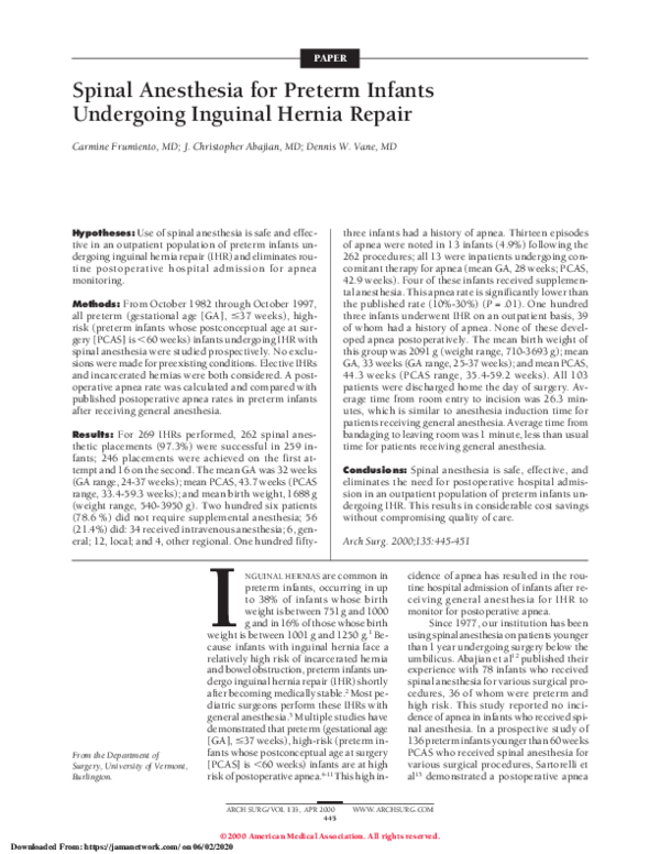 (PDF) Spinal Anesthesia for Preterm Infants Undergoing Inguinal Hernia ...