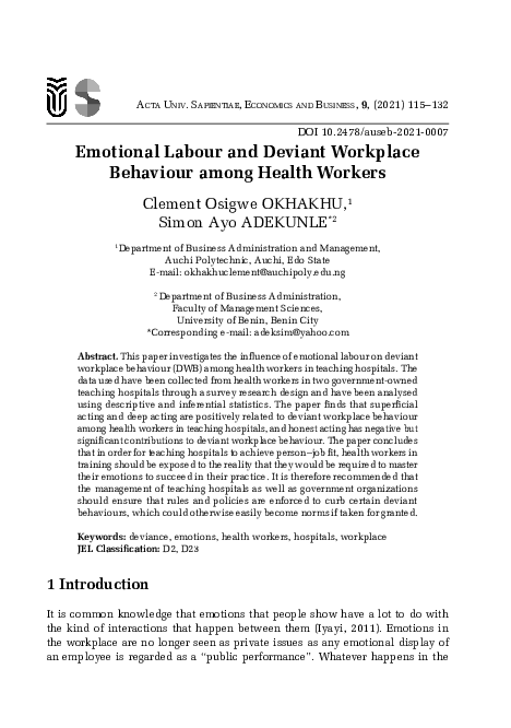 (PDF) Emotional Labour and Deviant Workplace Behaviour among Health Workers