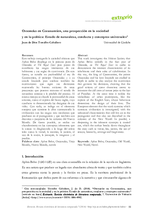 (PDF) Oroonoko en Coramantien, una prospección en la sociedad y en la ...