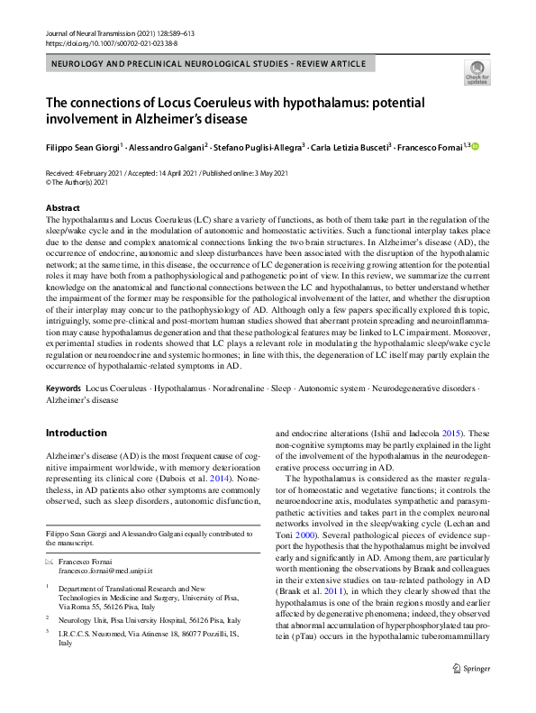 (PDF) Locus Coeruleus and Hypothalamus Connections in Alzheimer’s Disease