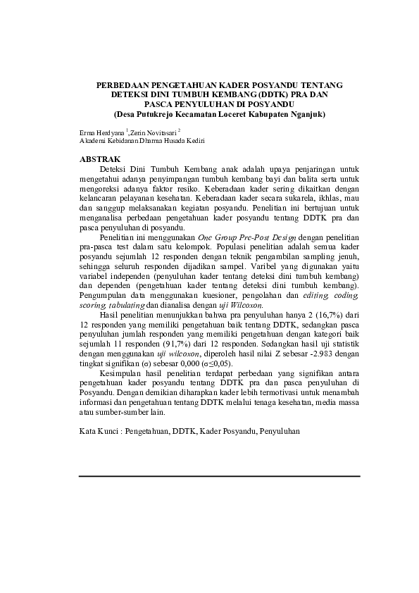 (PDF) PERBEDAAN PENGETAHUAN KADER POSYANDU TENTANG DETEKSI DINI TUMBUH KEMBANG (DDTK) PRA DAN ...