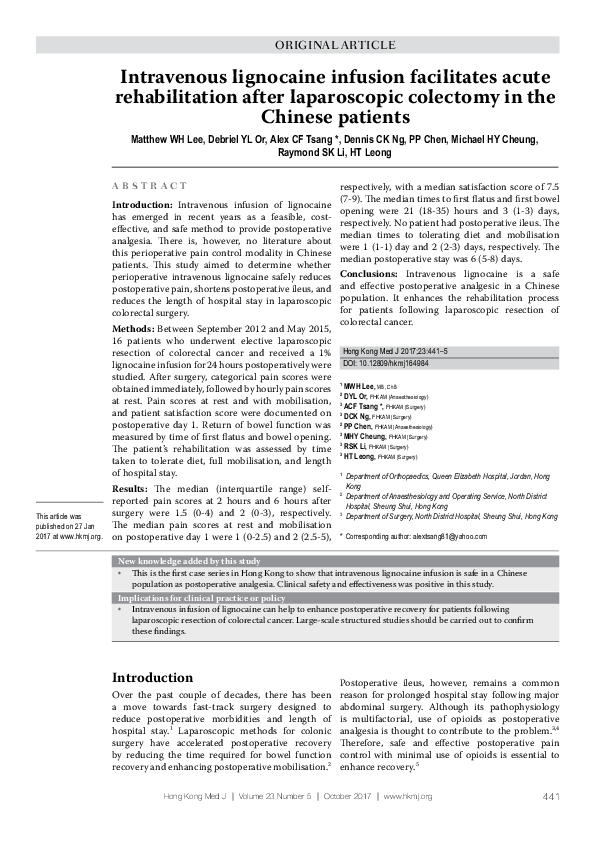 (PDF) Intravenous lignocaine infusion facilitates acute rehabilitation ...