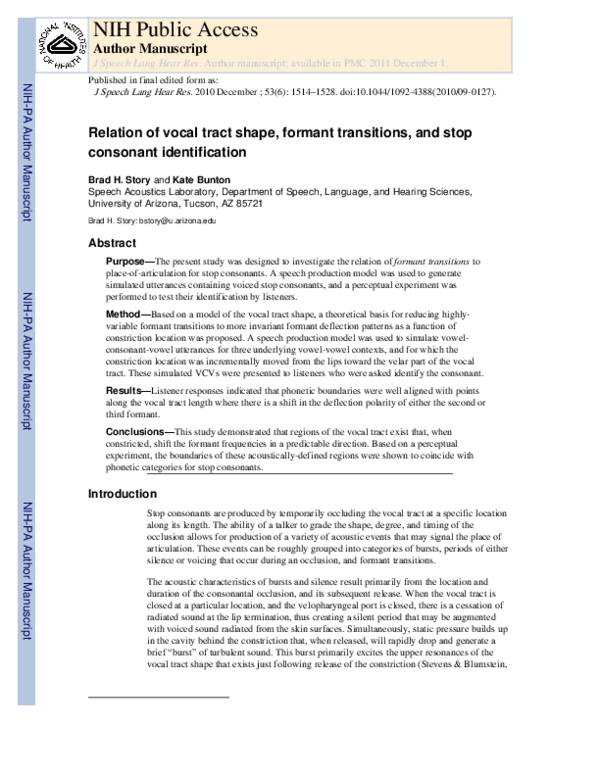 (PDF) Relation of Vocal Tract Shape, Formant Transitions, and Stop ...