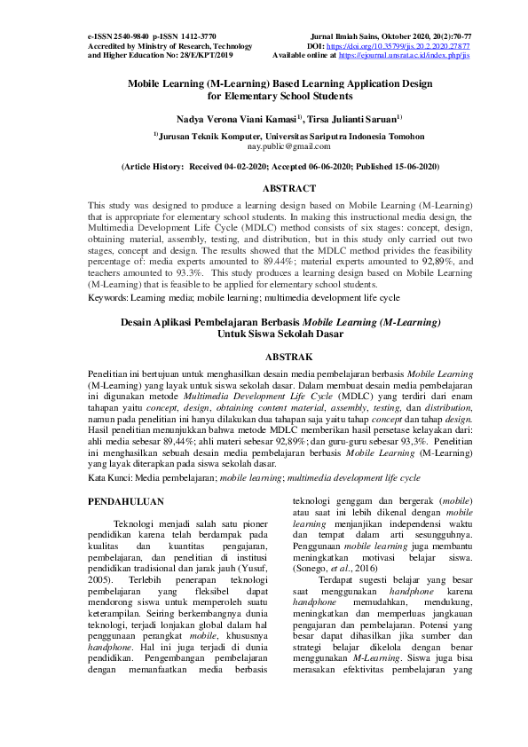 (PDF) Mobile Learning (M-Learning) Based Learning Application Design for Elementary School Students