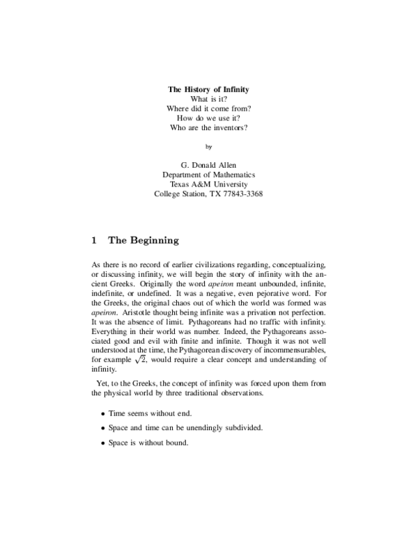 (PDF) The History of Infinity What is it? Where did it come from? How ...