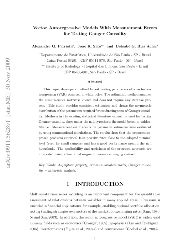 Pdf Vector Autoregressive Models With Measurement Errors For Testing Granger Causality