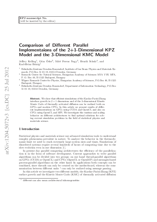 (PDF) Comparison of different parallel implementations of the 2+1-dimensional KPZ model and the ...