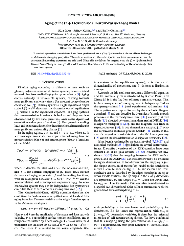 (PDF) Aging of the ( 2 + 1 )-dimensional Kardar-Parisi-Zhang model