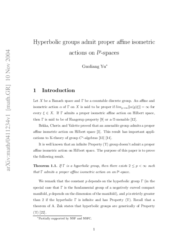 (PDF) Hyperbolic groups admit proper affine isometric actions on lp-spaces