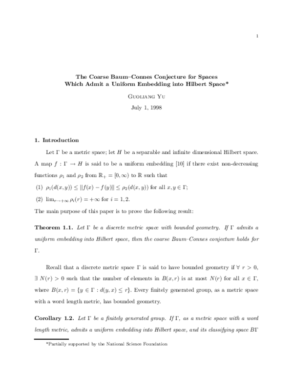 Pdf The Coarse Baumconnes Conjecture For Spaces Which Admit A Uniform Embedding Into Hilbert