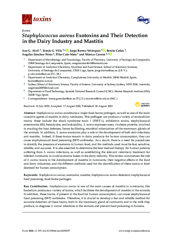 (PDF) Staphylococcus aureus Exotoxins and Their Detection in the Dairy Industry and Mastitis ...