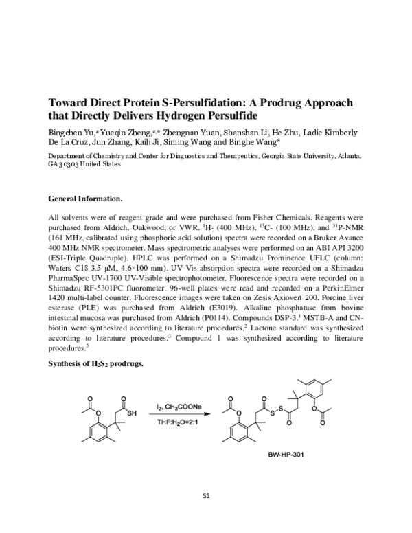 (PDF) Toward Direct Protein S-Persulfidation: A Prodrug Approach That ...