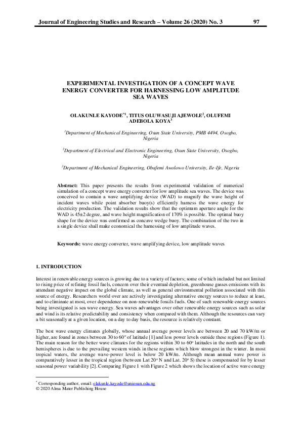 (PDF) Experimental Investigation of a Concept Wave Energy Converter for ...